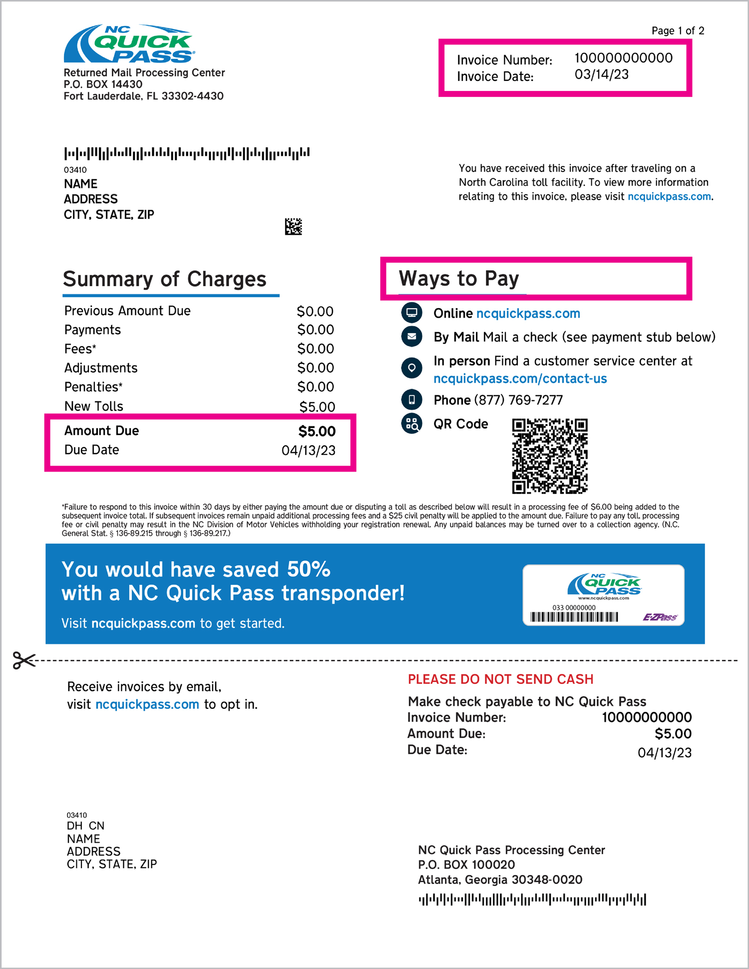 Envelopes and Invoices - NC Quick Pass